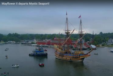 Drone Footage of Mayflower II Leaving Mystic Seaport